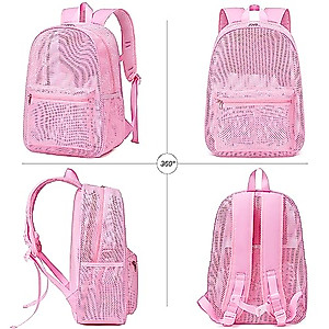 LEDAOU Mesh Backpack for Kids Girls Semi-Transparent Mesh School Backpack Bookbag Lightweight Casual Daypacks for Beach Gym(Pink)