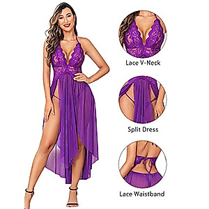 Giorzio Women Lingerie Lace Babydoll V Neck Chemise Halter Mesh Nightwear Sexy Long Gown Lingerie Sheer Dress Purple,S