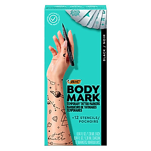 BODYMARK BIC Temporary Tattoo Markers for Skin, Black, Mixed Tip, 12-Count Pack, Skin-Safe, Cosmetic Quality