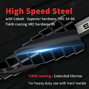 S&F STEAD & FAST Cobalt Step Drill Bit for Metal, Three Spiral Flute, 1/4"-3/4", 1 pc, Heavy Duty Unibit, 1/4" Hex Shank, HSS M35 Steel Step Bit for Sheet Metal, Stainless Steel, Aluminum