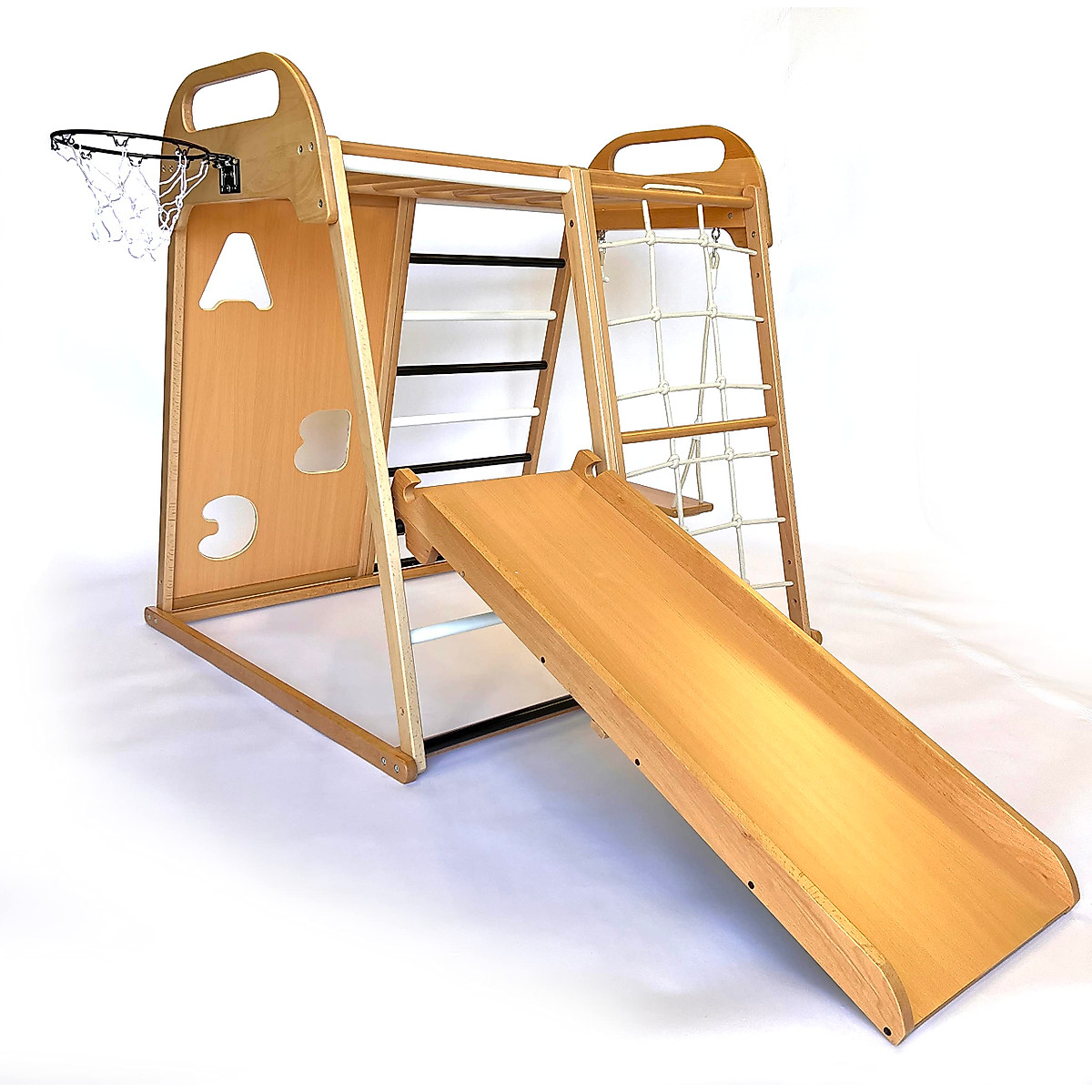 Hopscotch Squad Activity Indoor Kids Playground Jungle Climbing Gym, Toddlers Wooden 9-in-1 Play Set Climber