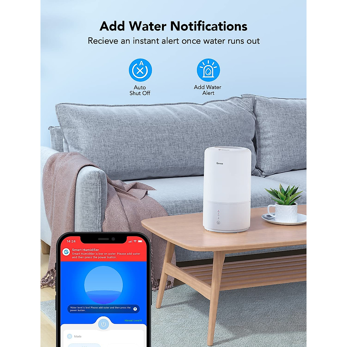 Govee Smart WiFi Humidifiers for Bedroom, Top Fill Cool Mist Humidifiers for Baby and Plants, Work with Alexa, Auto Humidity Adjustment, 24 dB Super Quiet, Essential Oil Diffuser, 24H Timer, 3L