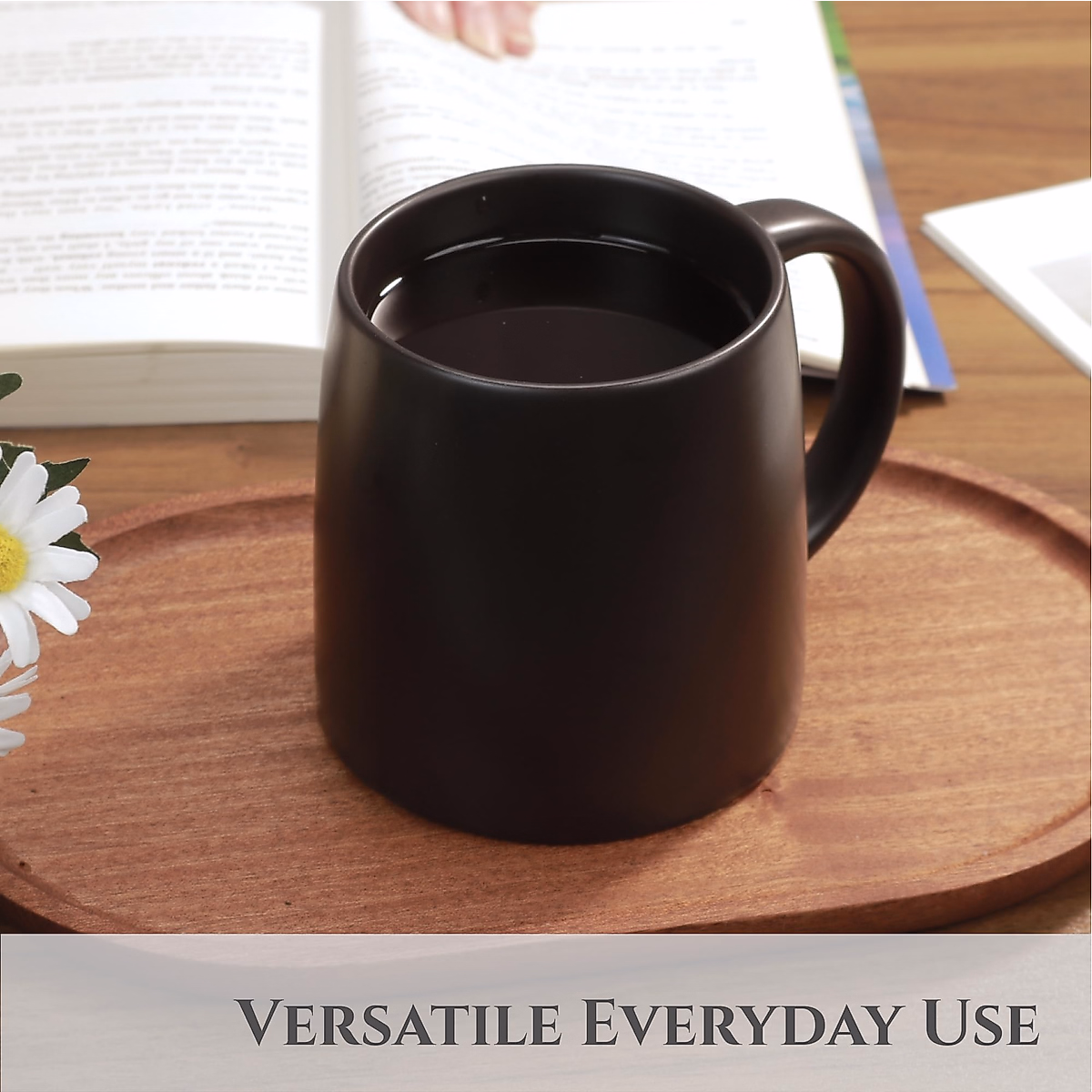 LINVIA Classic Mug, 16 oz Large Coffee Mug with Handle, Ceramic Porcelain Tea Cup, Smooth Matte (Sliding Lid, Black)