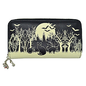 Lost Queen Woodland Wallet Black Cats & Bats Skull Charm Gothic Wiccan Vegan Zip Around Wallet