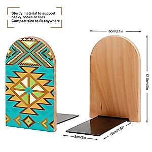 2 Pack Wood Bookends,Native Aztec Tribal Turquoise Decorative Book Ends Support for Shelves Desktop Organizer Wooden Bookshelf for Home School Office