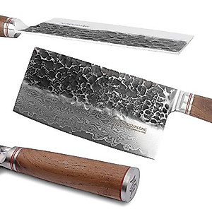 YOUSUNLONG Meat Cleaver 7 inch Vegetable Cleaver Japanese Hammer Damascus Steel - Natural Walnut Wooden Handle with Leather Sheath