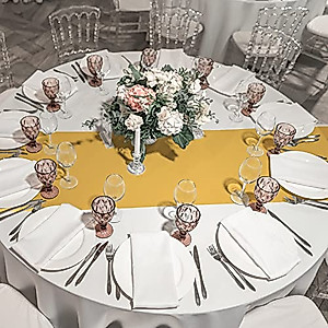 12 Pack 12x108 Inch Satin Table Runner and 84 Inch Round Plastic Tablecloths Set Black and Gold Disposable Round Table Cover for Graduation Wedding Bridal Shower Anniversary Birthday Party Decorations