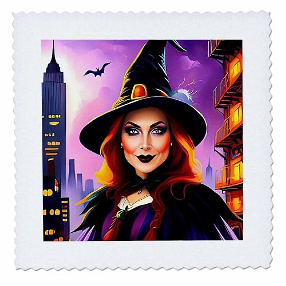 Smiling Witch in The American City. Festive October Greeting - Quilt Squares