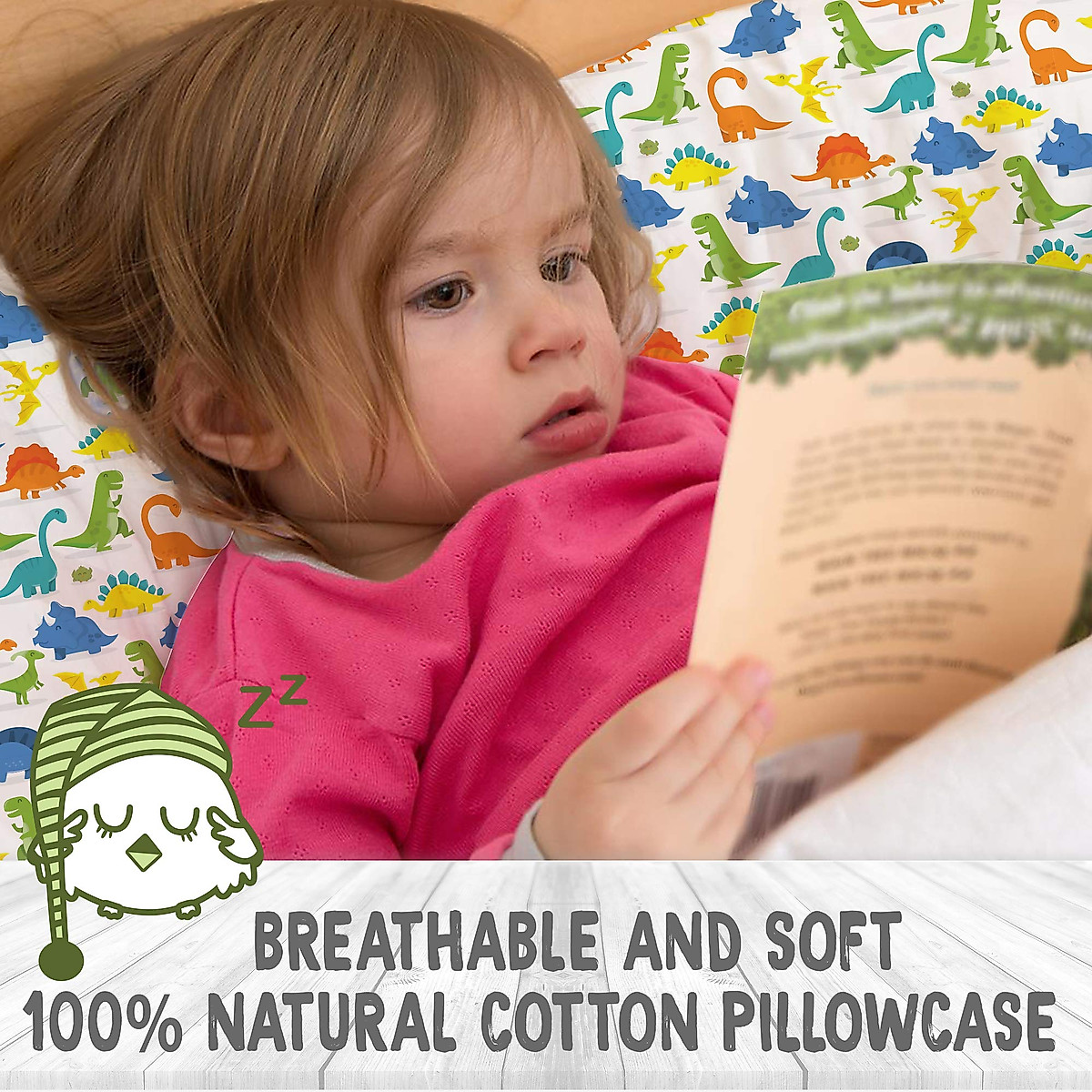 KeaBabies 2-Pack Toddler Pillow and Toddler Pillowcase for 13X18 Pillow Bundle - Organic Toddler Pillow (Misk Pink) and Pillowcase (Happy Dino) for Girl, Boy, Kids