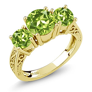 Gem Stone King 18K Yellow Gold Plated Silver Green Peridot 3-Stone Ring For Women (2.35 Cttw, Gemstone Birthstone, Available In Size 5, 6, 7, 8, 9)