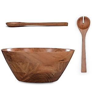 BIRDROCK HOME 3 Piece Wooden Salad Serving Bowl and Utensils | Acacia Wood Server Set | Salad, Fruit or Side Hands | Large