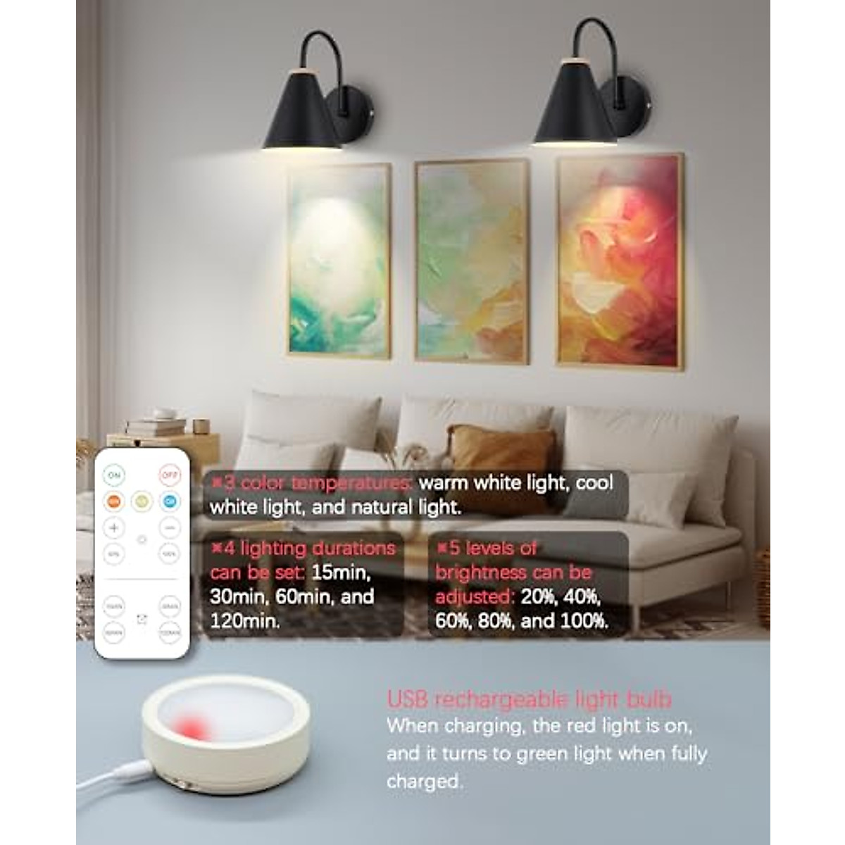 Battery Operated Black Industrial Wall Sconce Set of 2, Easy to Install Not Wires, USB Rechargeable Battery with Remote Control Led Light, Dimmable Wall Lamp Fixtures for Bedroom Farmhouse Gallery RV