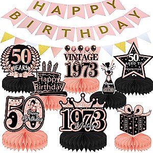 Golcellia 8 Pcs 50th Birthday Decorations - Rose Gold Honeycomb and Birthday Banner Party Decoration for Women Men, 1974 Table Pink Honeycomb Centerpieces, Happy 50th Birthday Table Decorations