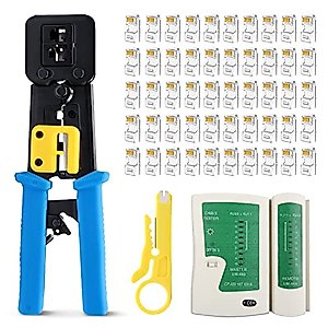 Delgada RJ45 Pass Through Crimp Tool Kit - Ethernet Crimping Tool with 50 Cat5/Cat5e/Cat6 Connectors, Network Cable Tester, and Wire Stripper for RJ45/RJ12 Regular
