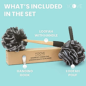 Loofah Back Scrubber | Bamboo Charcoal Infused Shower Scrubber | Bath-Sponge | Exfoliating Lufa Body Scrubber for Men & Women | Includes 1 Loofah on a Stick,1 Luffa Pouf and 1 Hook to Hang Loufa-Black