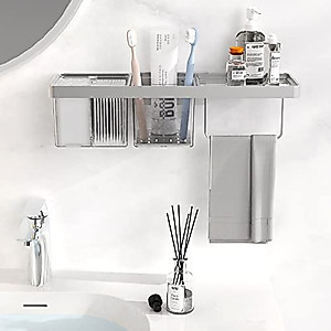 vacane Shelves Wall Mounted Bathroom Shelving Pack of 3,Wall Mounted Toiletry Organizer,Toothbrush Holder Cosmetic Organizer with Towel Holder Adhesive Bathroom Wall Caddy No Drilling