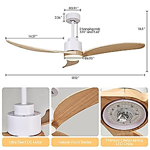 TFVV 52" Wood Ceiling Fan with Light,3 Blades,6 speeds, Farmhouse Ceiling Fan with Remote Control for Living Room, Bedroom, Kitchen(White)