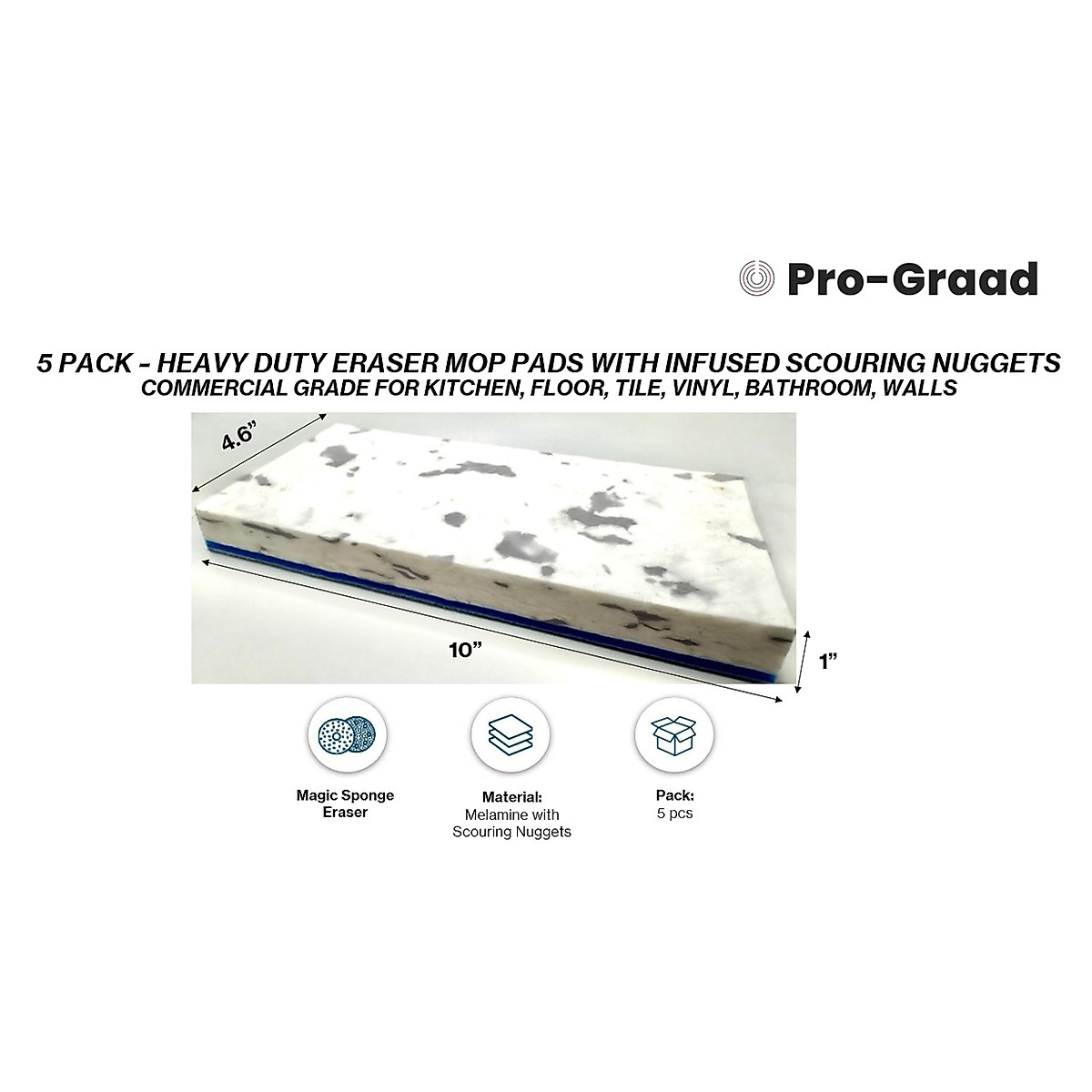 Magic Mopper 4.5" x 10" Heavy Duty Mop Floor Cleaning Eraser Pads Infused with Scouring Nuggets 10x Durability Commercial Grade Floor Baseboard Walls, Compare to Magic Eraser – Doodlebug Pad, 5 Pack