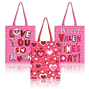 Whaline 3Pcs Valentine's Day Canvas Tote Bags Red Pink Heart Love Valentines Basket Reusable Grocery Shopping Bags Gift Goodie Bags for Valentine' Day Party Favor Supplies Gifts, 10.8 x 13.8inch