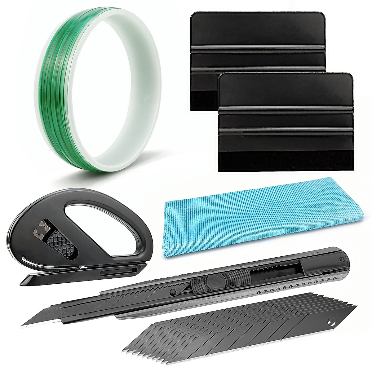 Umaki Car Graphics Vinyl Install Tools Kit with 5M Vinyl Wrap Cutting Tape, Cutter Knife, Vinyl Squeegee and Cleaning Cloth, for Safely Design Graphics Decals Line, 7 Piece