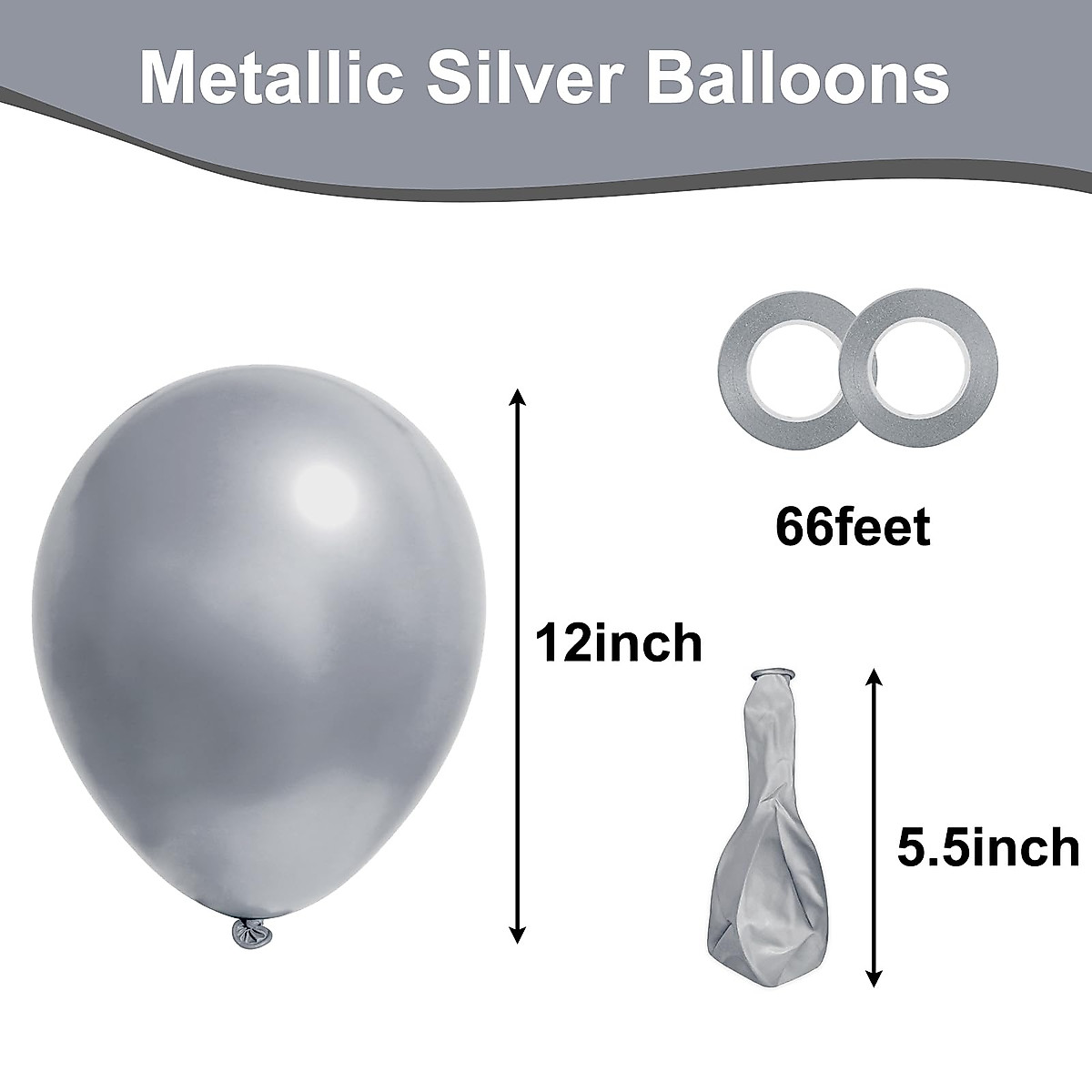RUBFAC Silver Balloons Latex Party Balloons, 100pcs 12 Inch Silver Balloons for Party Decoration Like Birthday Party, Graduation, Wedding, Baby Shower, Gender Reveal (with Silver Ribbon)