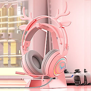Atrasee Stereo Gaming Headset for PS4 PC Xbox One PS5 Controller, Noise Cancelling Over Ear Headphones with Mic, LED Light, Bass Surround, Soft Memory Earmuffs for Laptop Mac Nintendo (Pink Antlers)