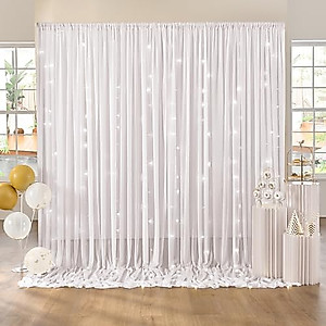 20x10ft White Sheer Backdrop Curtains with Lights for Parties, Wrinkle Resistant Backdrop Curtain for Baby Shower Birthday Wedding Photo, 4 Pack 5x10FT Curtains