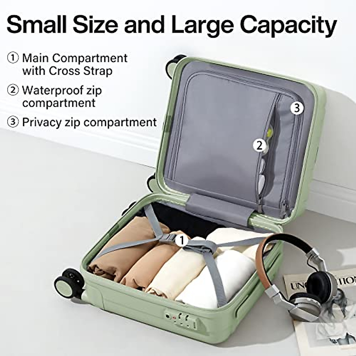 Hanke 14 Inch Underseat Carry On luggage with Wheels, Lightweight Mini Suitcase for Weekender, PC Hardside Small Carry On Bag with TSA Lock,Travel Suit Case Women men（Bamboo Green）