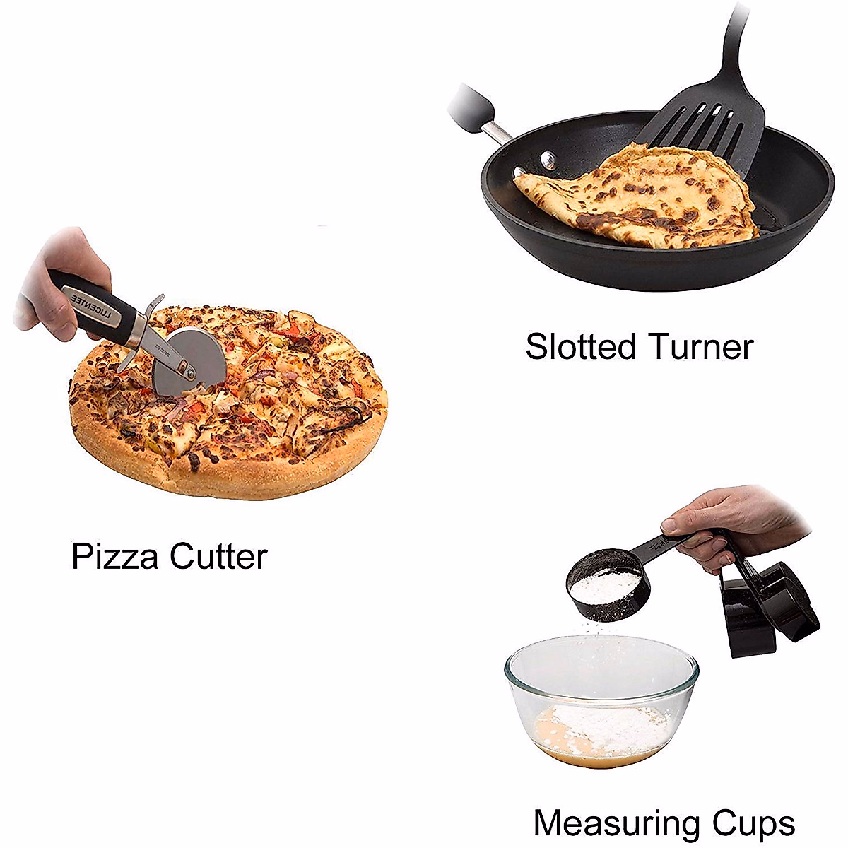 38-piece Kitchen Utensils Set Home Cooking Tools Gadgets Turners Tongs Spatulas Pizza Cutter Whisk Bottle Opener, Graters Peeler, Can Opener, Measuring Cups Spoons (Black)