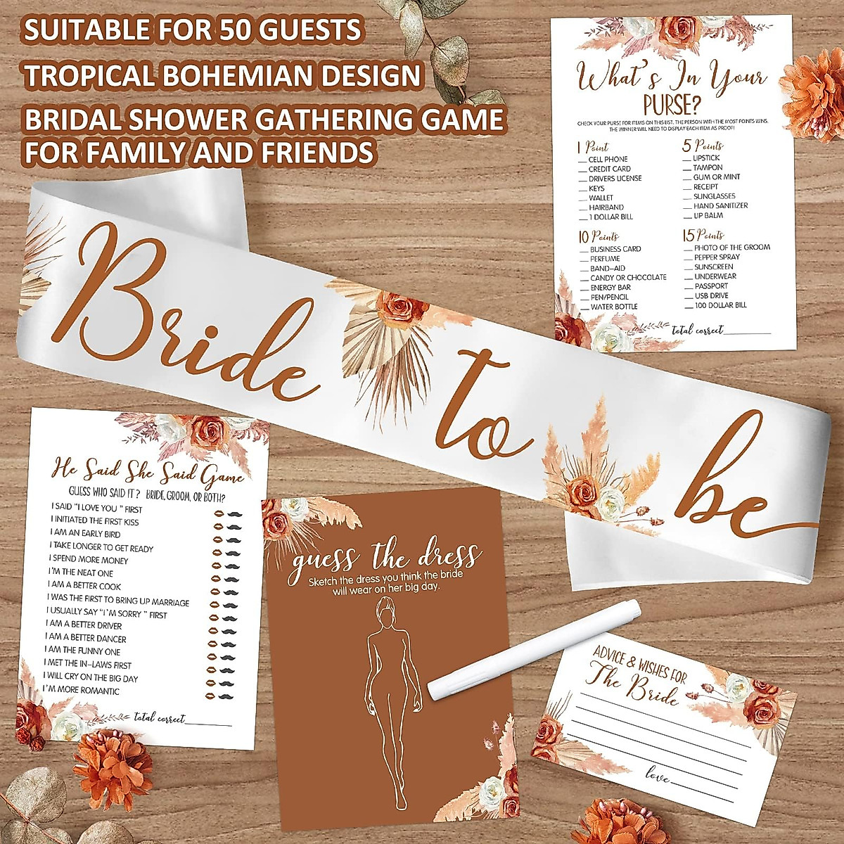 Levfla Boho Bridal Shower Games - Set of 6 (50 pcs Per Game), with Tropical Bohemian Bride to Be Sash + 4 PCS Marker Pens, Suitable for Pampas Bridal Shower, Terracotta Bachelorette Party