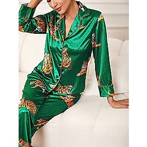WDIRARA Women's Sleepwear Striped Satin Short Sleeve Shirt and Pants Pajama Set Green Tiger L