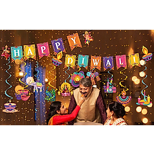 Rakuto Happy Diwali Party Decorations - 12PCS Happy Diwali Banner Hanging Swirls Deepavali Party Hanging Decor for Indian Deepavali Diwali Festival of Lights Rangoli Diya Theme Party Supplies