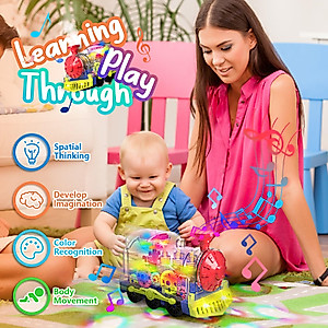 Kizeefun Light Up Train Toy for Toddlers: Transparent Gear Car Toy for Kids with Cool Light and Music Educational Crawling Toys for Baby Boys and Girls