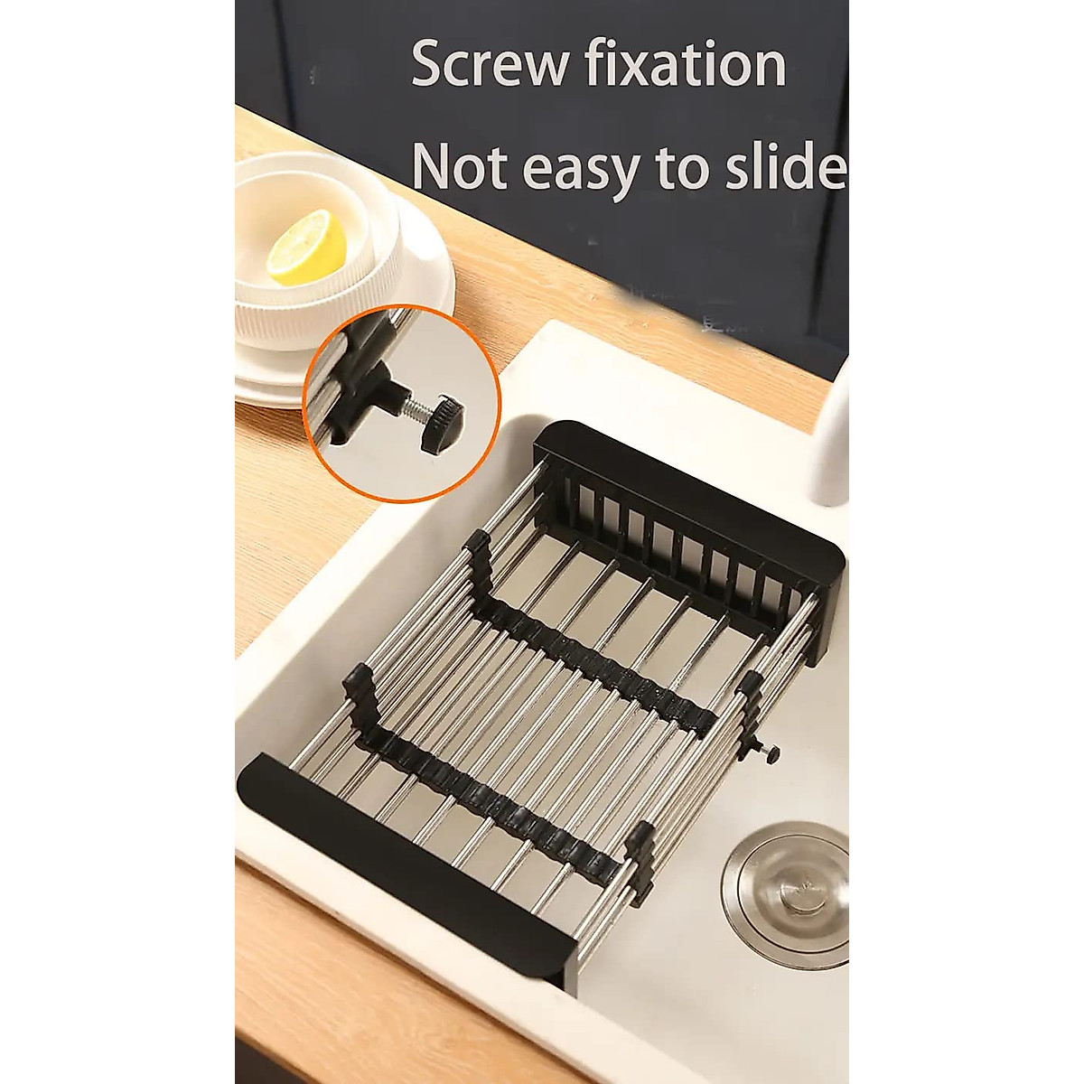 ALREMO 1pc Drain Rack, Stainless Steel Kitchen Basket, Home Dish Rack, Retractable Sink Shelf, 8.81*(11.22-18.5)*3.7in, Suitable for Rectangular Sink (Black)