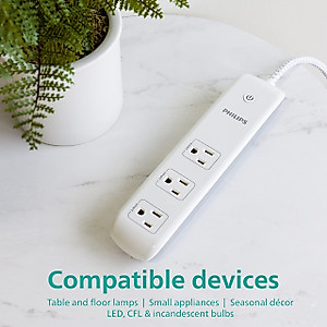 Philips Surge Protector Power Strip, 3 Outlet Surge Protector, 4 Ft Braided Cord Power Strip, Smart Power Strip Surge Protector, 3-Prong Flat Plug Power Strip, Surge Protector Outlet, White, SPC9034WB