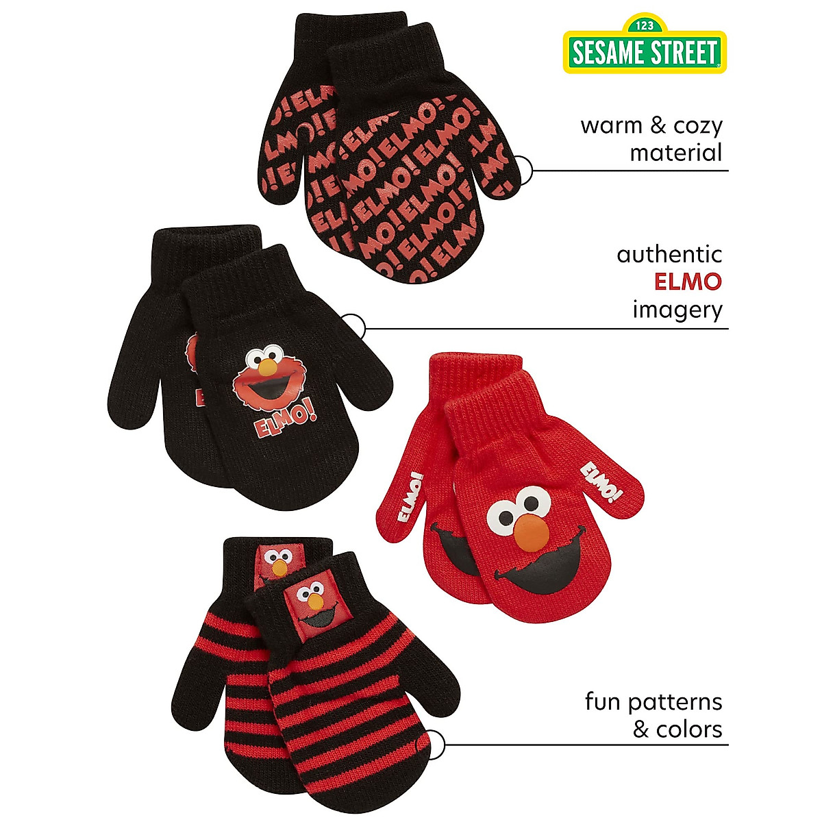 Sesame Street Toddler Boys’ Mittens – Elmo, Cookie Monster, Big Bird, Oscar the Grouch (2T-4T), Size Age 2-4, Elmo Mitten