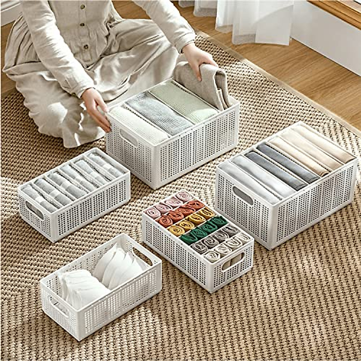 OMSORG Clothes Organizer for Folded Clothes, Plastic Storage Basket with Removable Partitions, Stackable Wardrobe Clothes Organizer Closet Storage Bins, for Bedroom Bathroom Home Organization