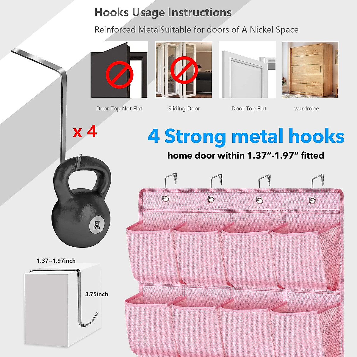 Pink Shoe Organizer Over the Door for Girls Women Kids Room,Hanging Shoe Rack Organizer for Closet Door,Zapateras Storage Holder with 24 Large Pockets & 4 Sturdy Hooks for Shoes,Slippers