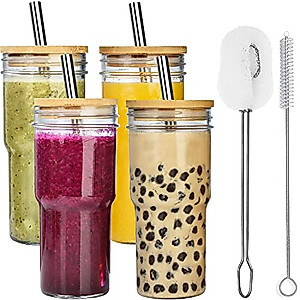 ALINK 4-Pack Glass Cups with Bamboo Lids and Straws, 24 OZ Mason Jar Glass Tumbler, Reusable Boba Cups, Iced Coffee Drinking Glasses for Bubble Tea, Smoothies, Juice - 2 Cleaning Brush