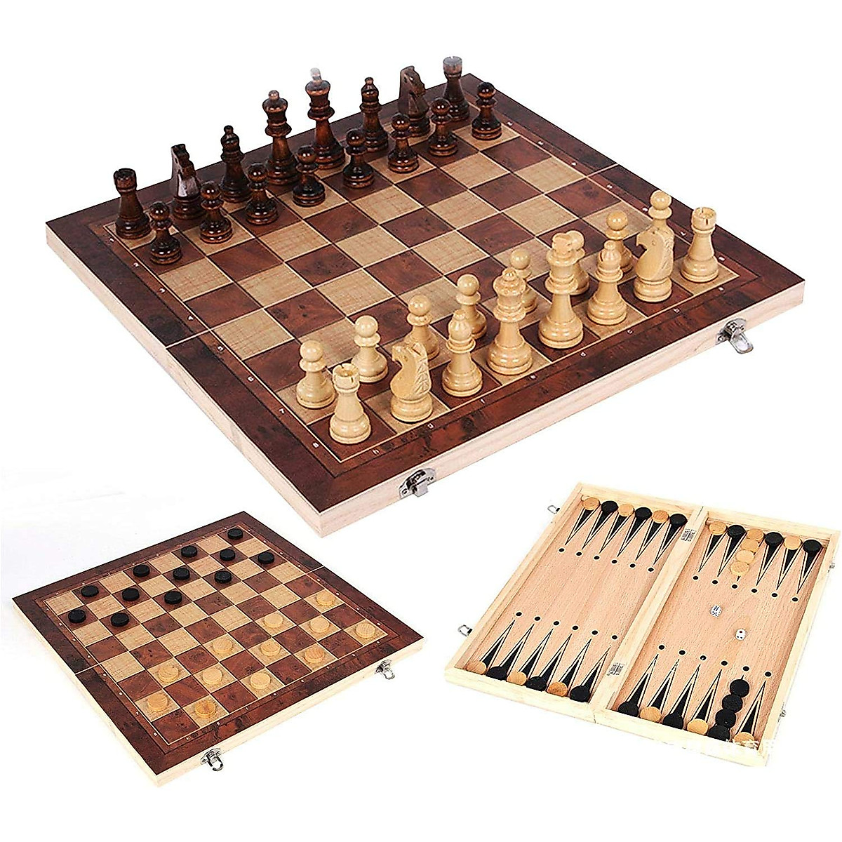Wooden Chess Set Folding, 3 in 1 Wooden Chess Checkers Backgammon Set with Storage for Pieces - for Adults Beginners and Kids Aged 4+