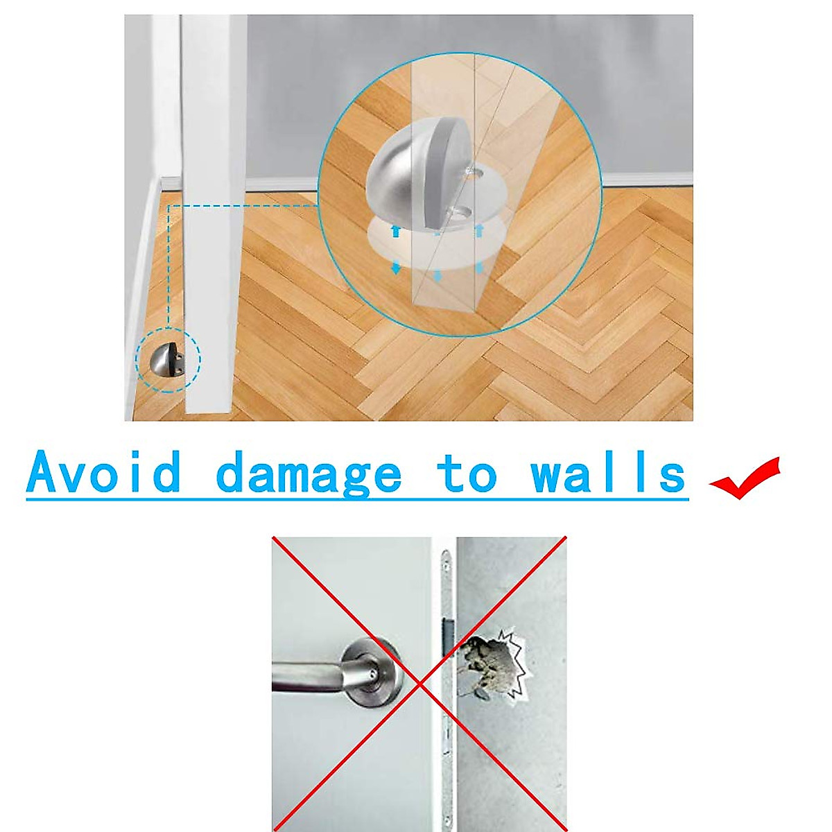 SMOOTHCLUE 2 Pack Door Stoppers, 3M Adhesive Door Holder Door Stop, Stainless Steel Door Stop for Home Hotel, Snowboard Hanger, No Need to Drill Floor Door Stop, Door Stopper Set with Rubber Bumper