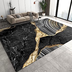 Area Rugs 4x6ft, Black Marble Carpet for Bedroom, Gold Stylish Rug for Living Room Easy to Clean for Indoor Outdoor Hardwood Floors Home Decor