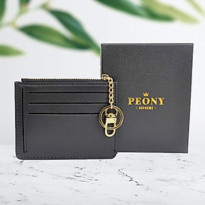 PEONY SUPREME Leather Card Holder Wallet Credit Card Holder Small Compact Wallet Coin Pouch Purse Key Pouch Gift for Women Gift for Men Black