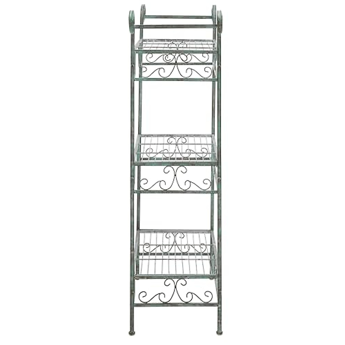 SAFAVIEH Outdoor Collection Noreen Victorian Scroll Antique Dark Green Wrought Iron 3-Tier Shelf