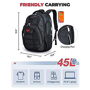 BAGSMART 45L Travel Laptop Backpack, TSA 17.3 Inch Laptop Backpack Flight Approved Black Travel Backpack with USB Charger Hole, Water Resistant College Computer Backpack Business Weekender Bag, Black