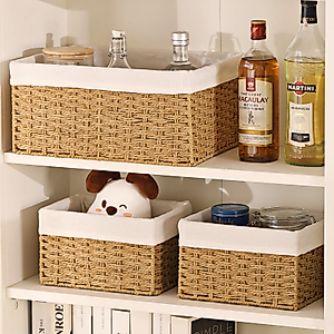 Vagusicc Wicker Storage Basket, 3-Pack Woven Paper Rope Wicker Baskets with Handles, Large Wicker Basket Cube Storage Bins with Liners, Storage Baskets for Organizing Shelves & Decor, Natural