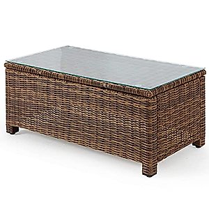 ECOTOUGE Rattan Coffee Table, Wicker Patio Tea Table, Rattan Patio Coffee Tables w/Glass Top