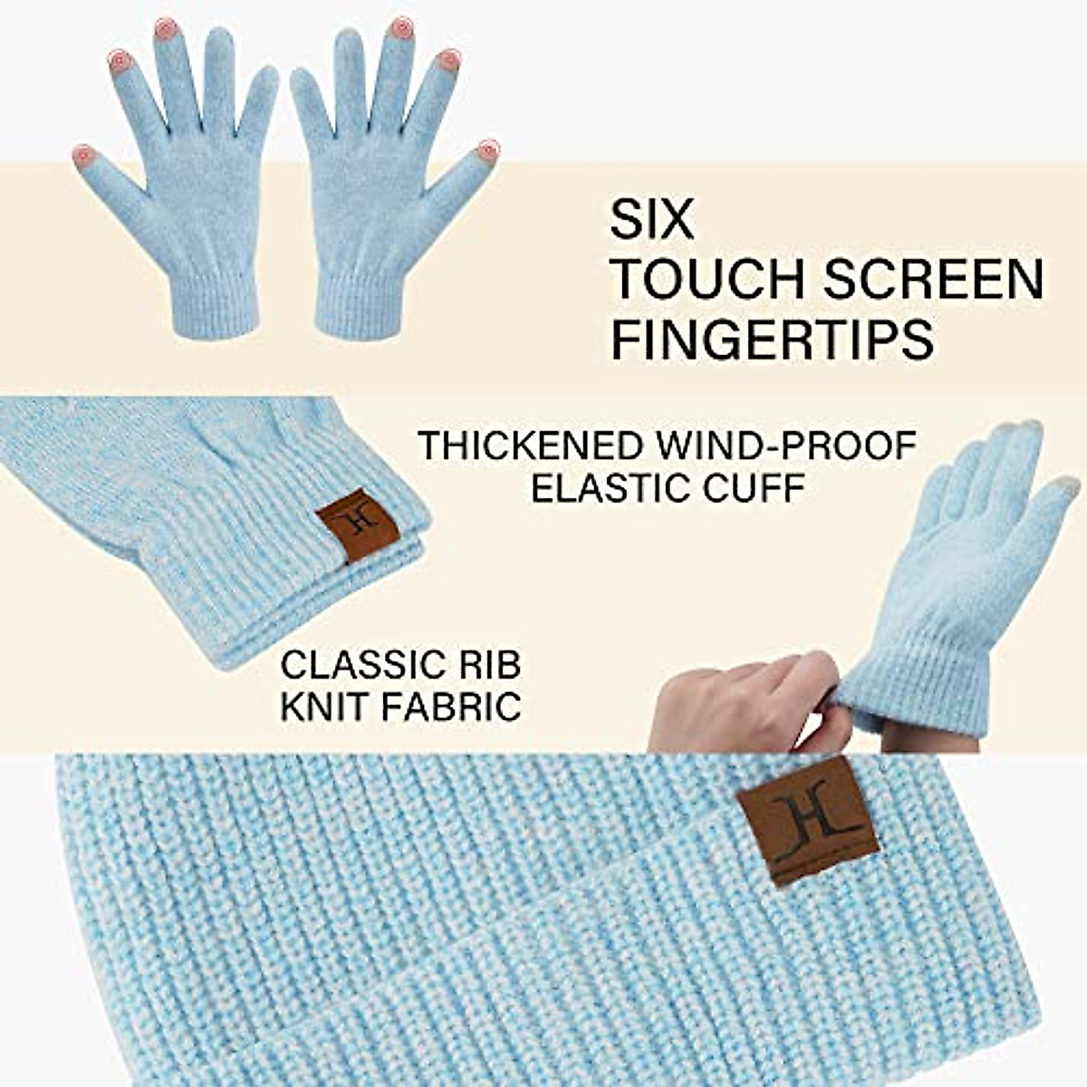 Womens Winter Knit Beanie Hats Touchscreen Gloves Warm Wool Hat and Gloves Set Skull Caps with Fleece Lined