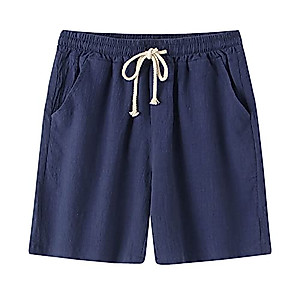 Linen Shorts Men's Classic-Fit Drawstring Elastic Waist Pleat Front Shorts with Pocket, 5/7 Inch Inseam, Navy XL