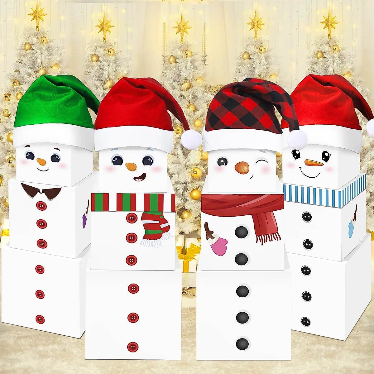 MotiMind 16 Pcs Christmas Snowman Stackable Gift Boxes with Hats in 4 Designs Stackable Snowman Gift Box Tower Xmas Nesting Box for Gift Wrapping Party Decor Christmas Stacking Gift Boxes